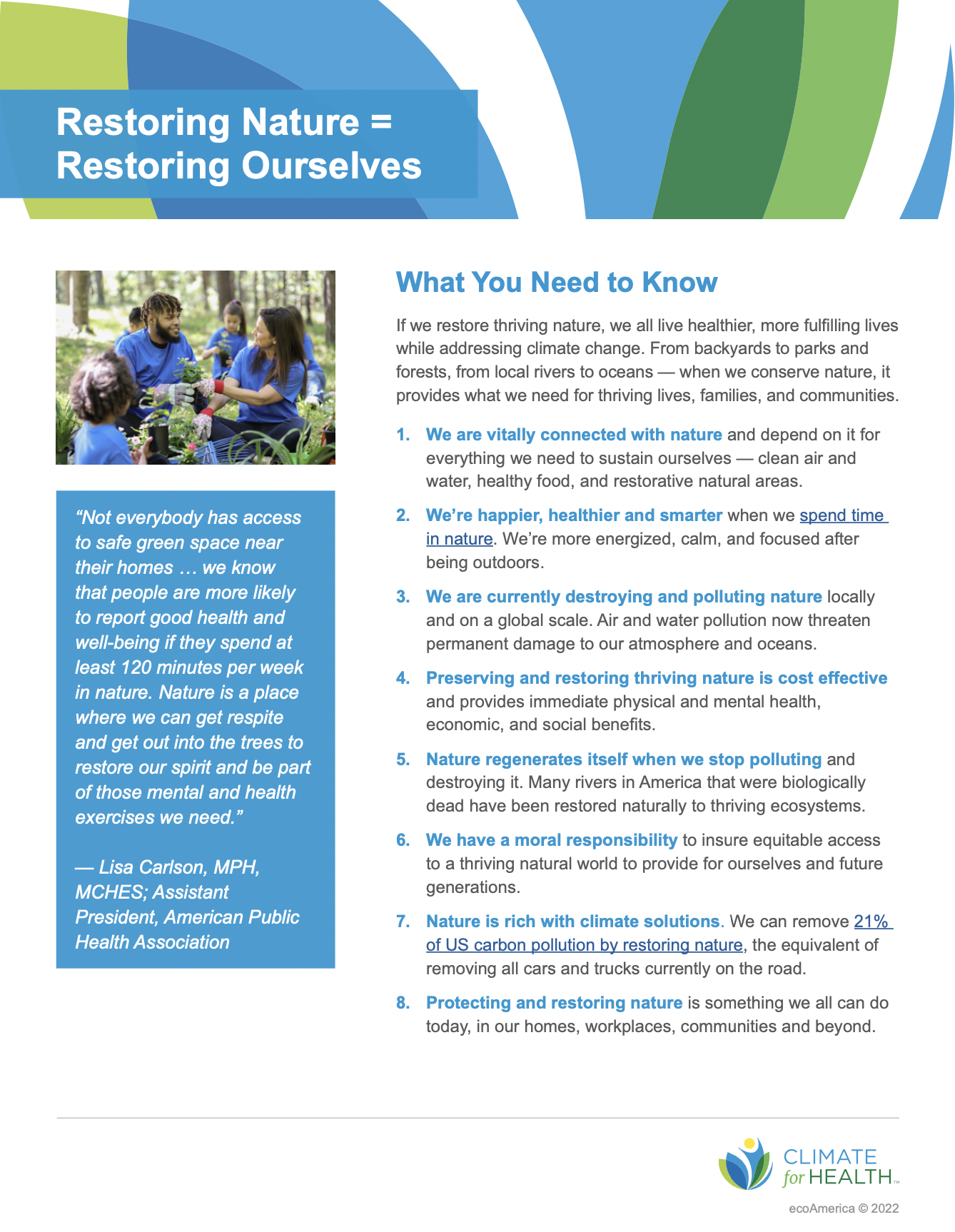 Restoring Nature = Restoring Ourselves - Climate for Health
